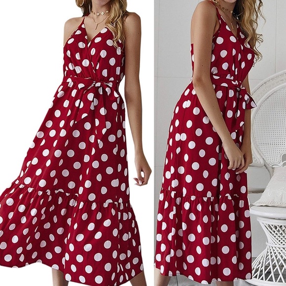 Dresses | Chic Red Boho Womens Polka Dot Wrap Dress | Poshmark